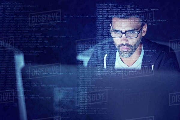 Hacker, code and overlay with man and computer for scam, cyber security ...