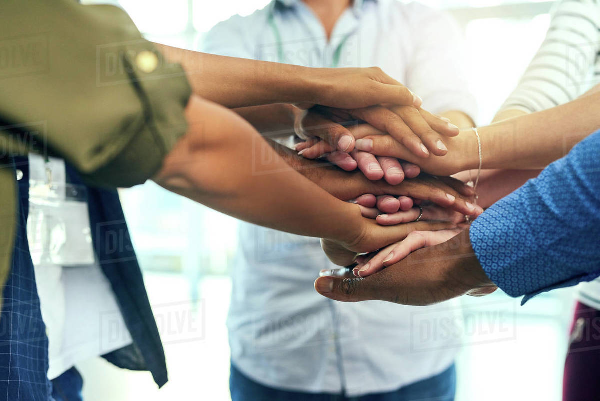 Team, hands together and commitment of staff with collaboration ...