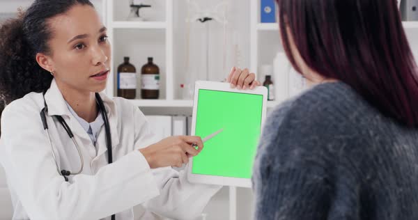 Green screen, chroma key and doctor tablet with patient showing ...