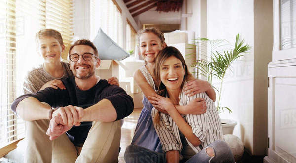 Parents, children and a portrait of a family moving house for a new ...