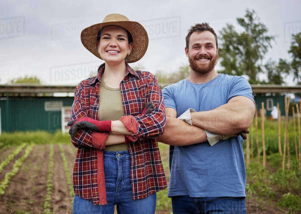Couple working on garden, field and nature environment for plant growth ...