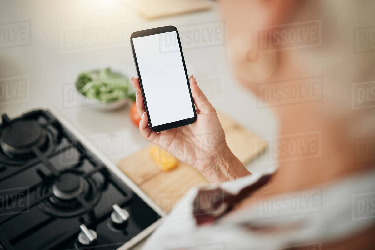 Recipe, cooking and healthy food list on a phone screen with a woman to ...