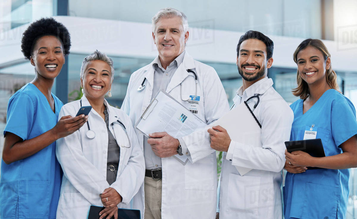 Hospital, doctor team portrait and leadership smile in clinic feeling ...