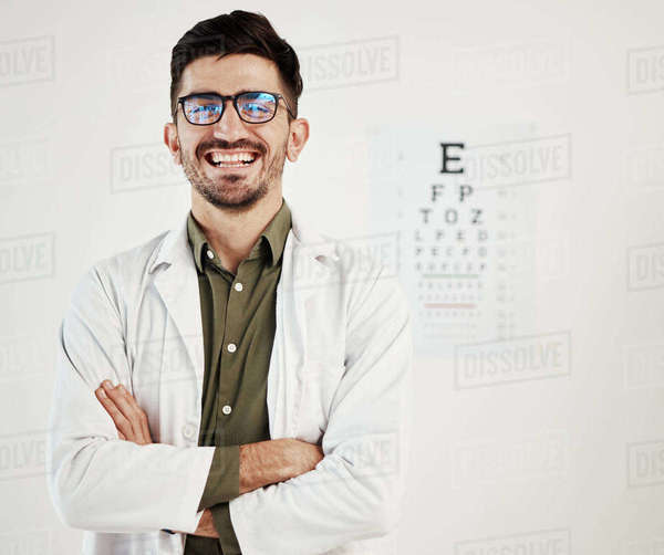Eye exam, arms crossed and portrait of man optometrist with smile ...
