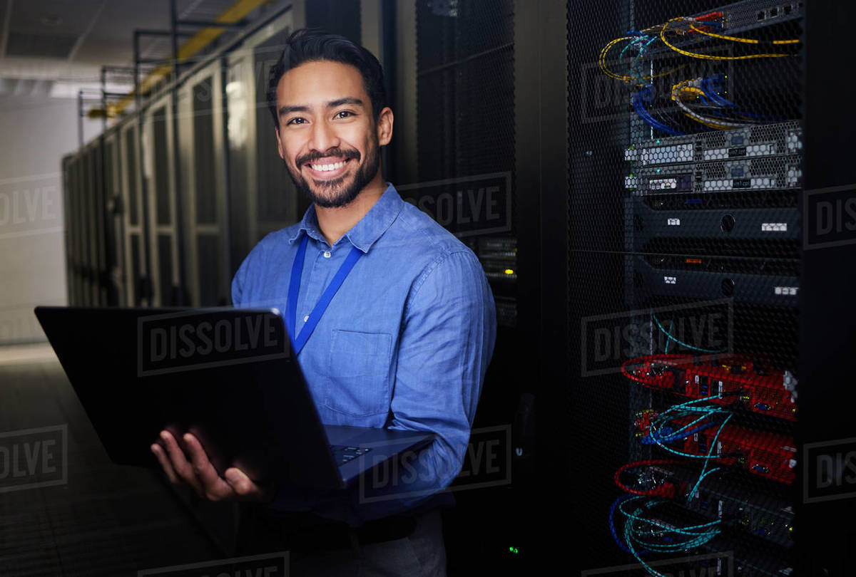 Man, data center and computer in programming portrait, server room ...