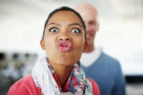 Woman, face and funny lips for portrait, comic motivation and crazy or ...