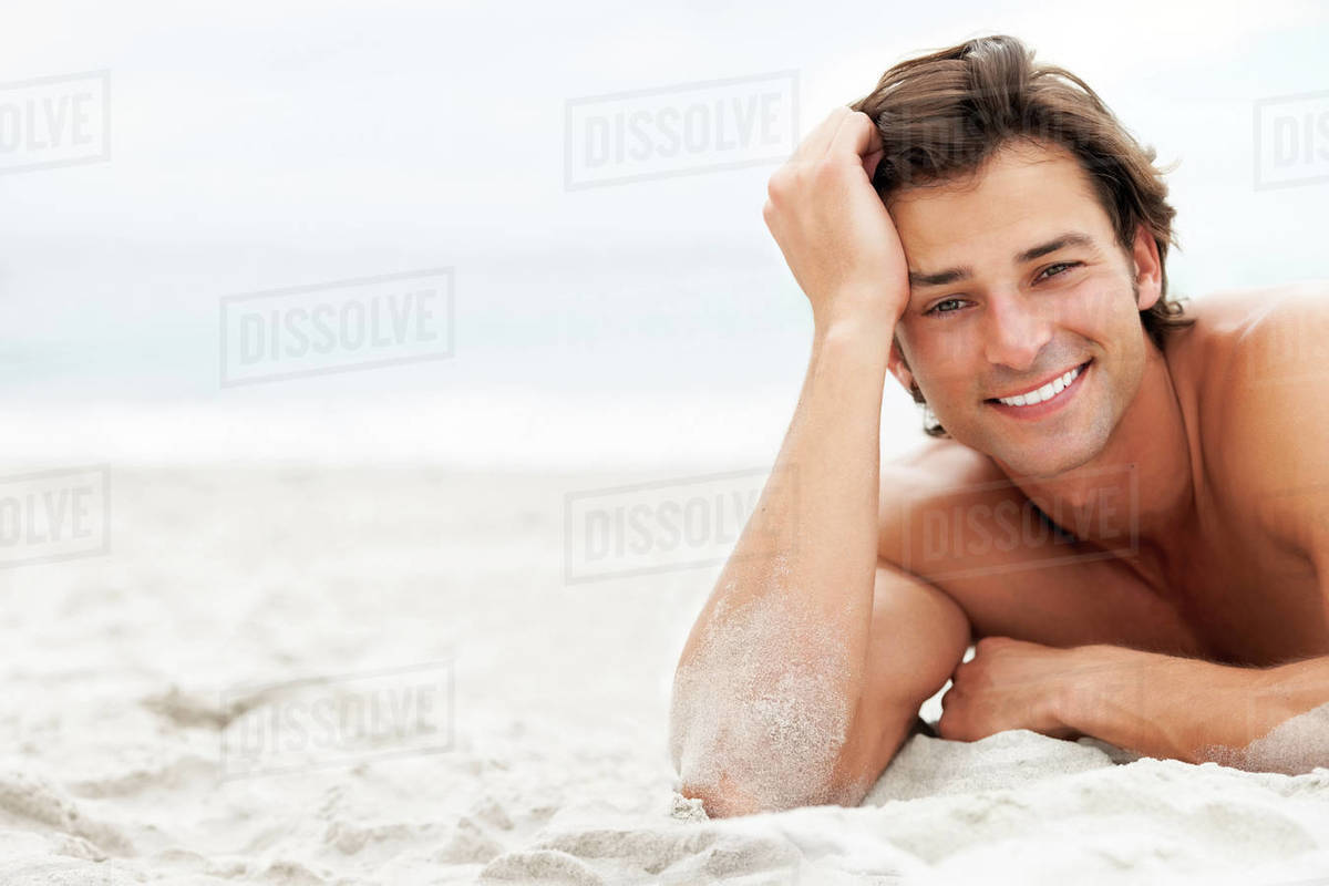 Man, smile and portrait beach sand or relax summer holiday, vacation ...