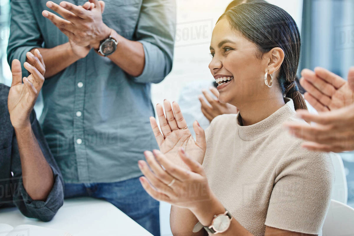 Clapping, winning and happy business people for success, celebration ...