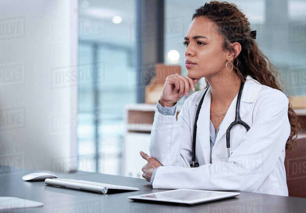 Medical, thinking and computer with doctor in office for planning ...