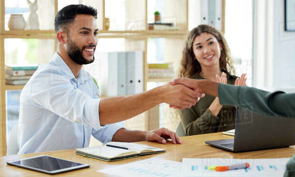 Business people shaking hands with applause for deal, agreement and ...