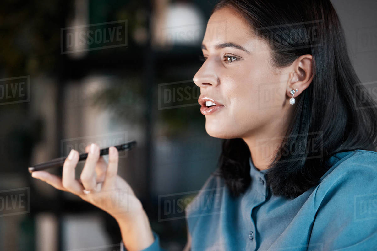 Phone call, voice note or memo with a business woman talking or ...