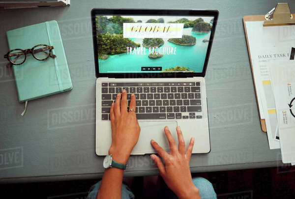 Laptop, hands and travel planning of woman online with international ...
