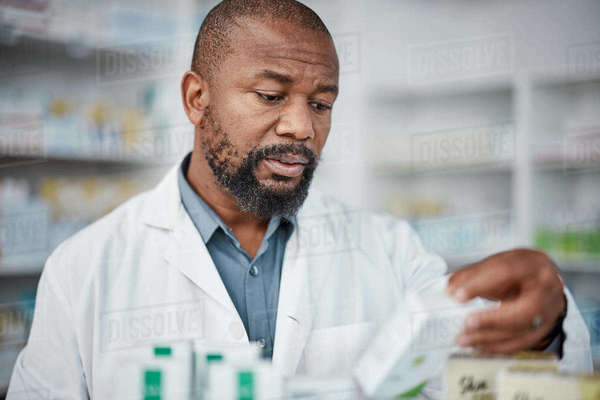 Pharmacy, pharmacist and black man check inventory on shelf in shop ...