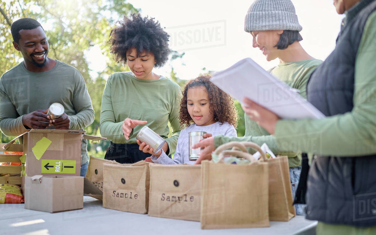 Volunteering, charity food and team with child for sustainability ...