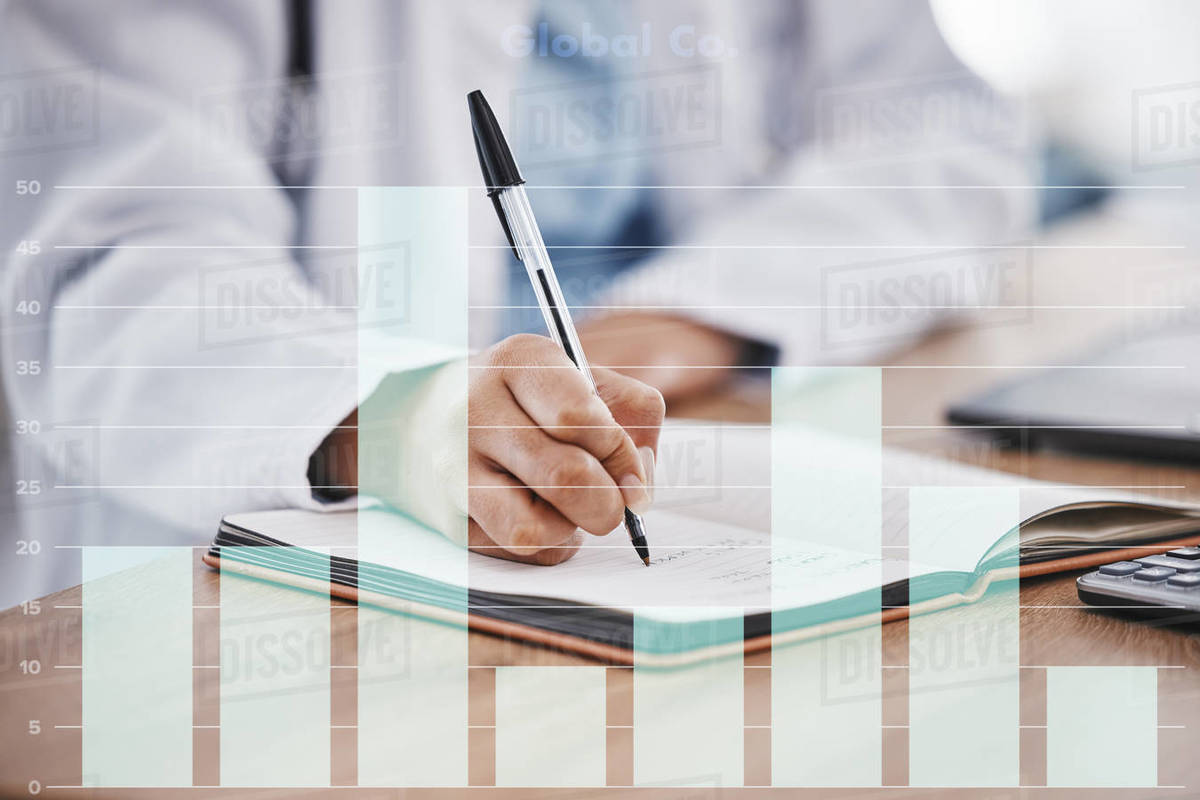 Doctor writing, chart overlay or hands for prescription, medical result ...