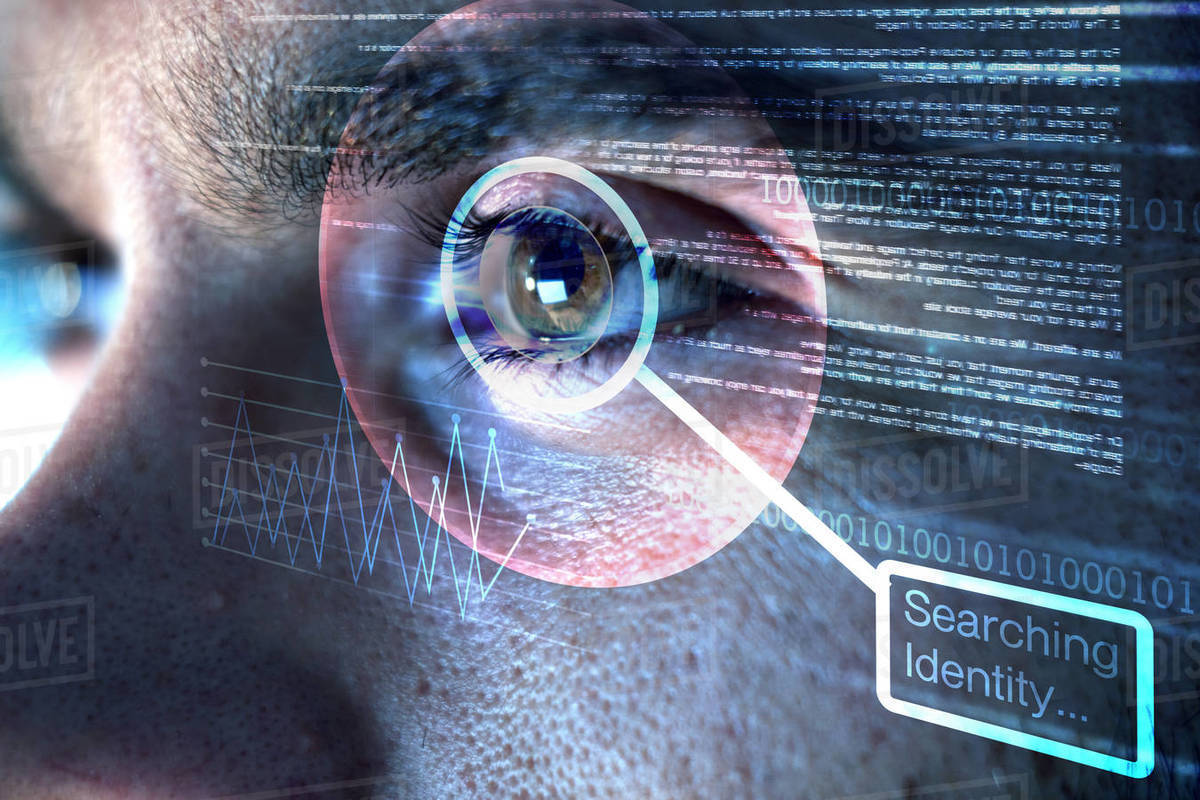 Identity, holographic or man with eye scan in digital cybersecurity ...