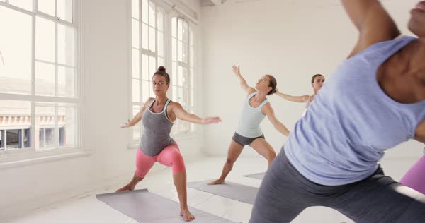 Yoga class, people stretching and fitness for health, body and holistic ...