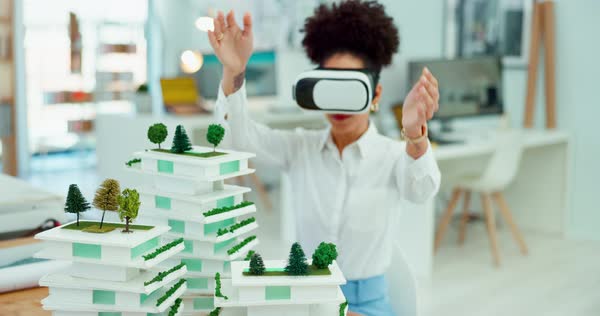 VR, architecture and architect working on model design in an augmented ...