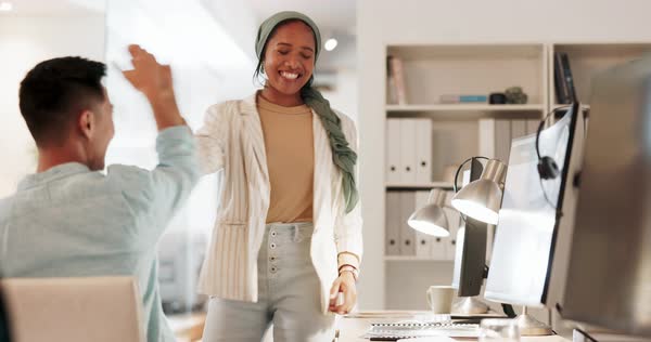Success, fist bump and business people high five in office for team ...