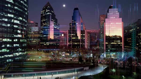 Santiago Chile. Aerial cyber city cityscape of smart city with ...