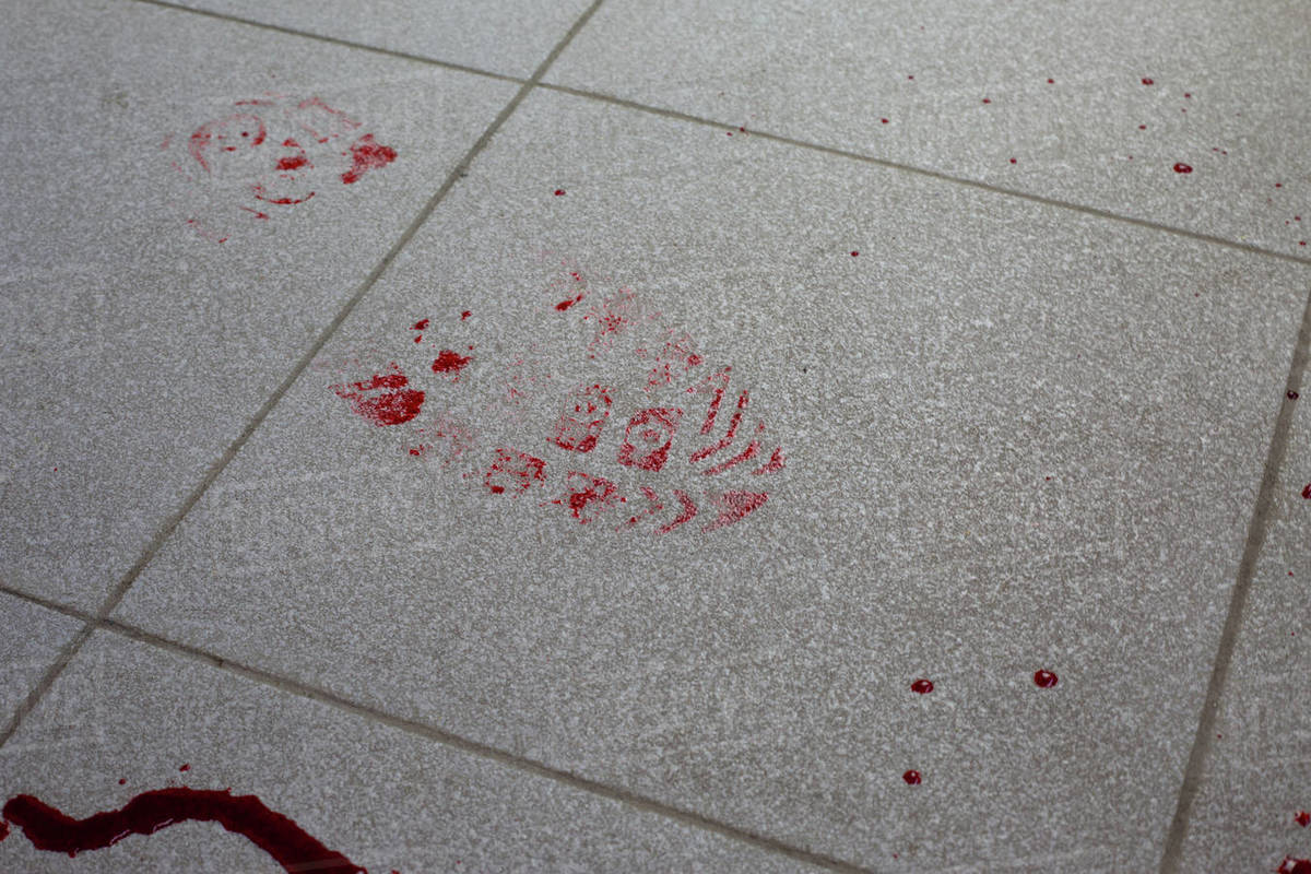 Bloody footprint from shoe on the tiles at crime scene, evidence from ...