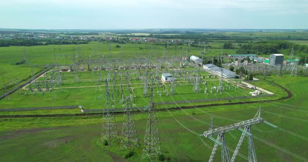 Electrical substation aerial view. An electrical installation designed ...