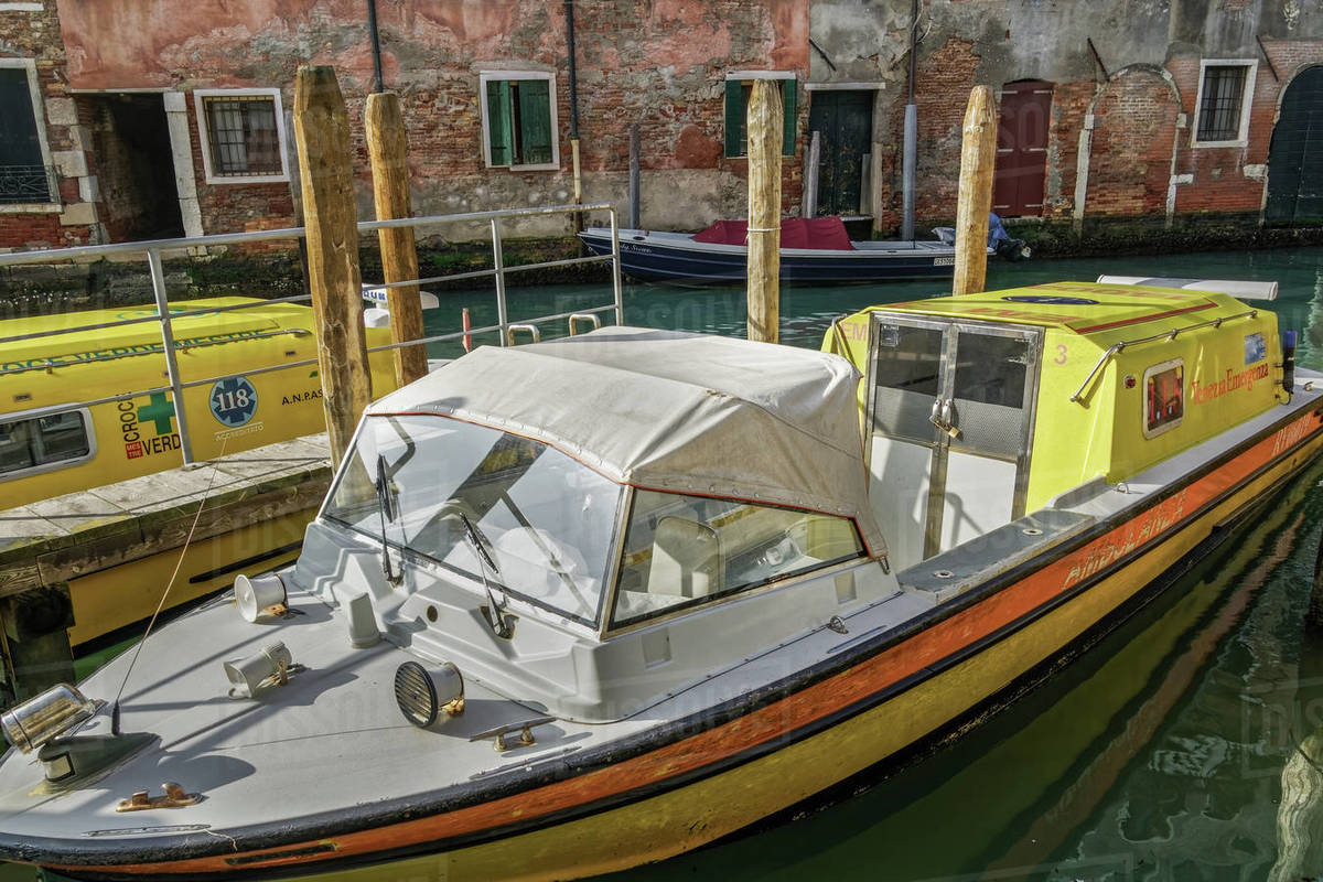 Venice, Italy Venetian water ambulance moored on the canals. Venezia ...