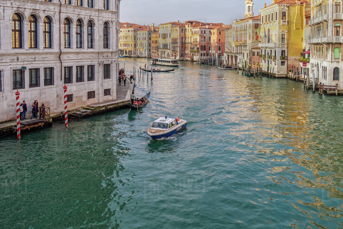 Venice, Italy Polizia Locale di Venezia Boat on the lagoon. Evening ...