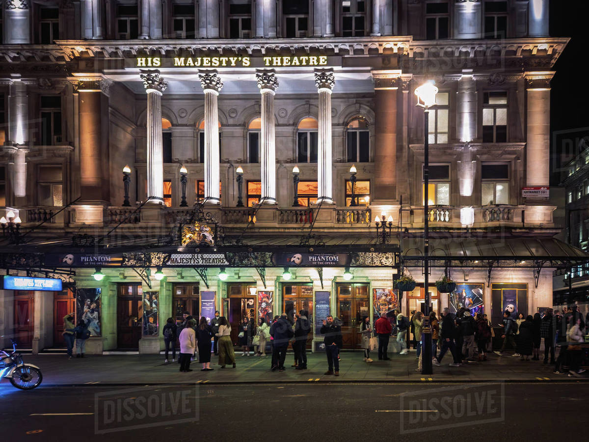 London, UK His Majesty's Theatre Exterior with banners about Phantom Of ...