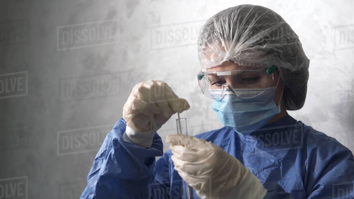 PCR test in the laboratory. The doctor looks at the sample taken to ...