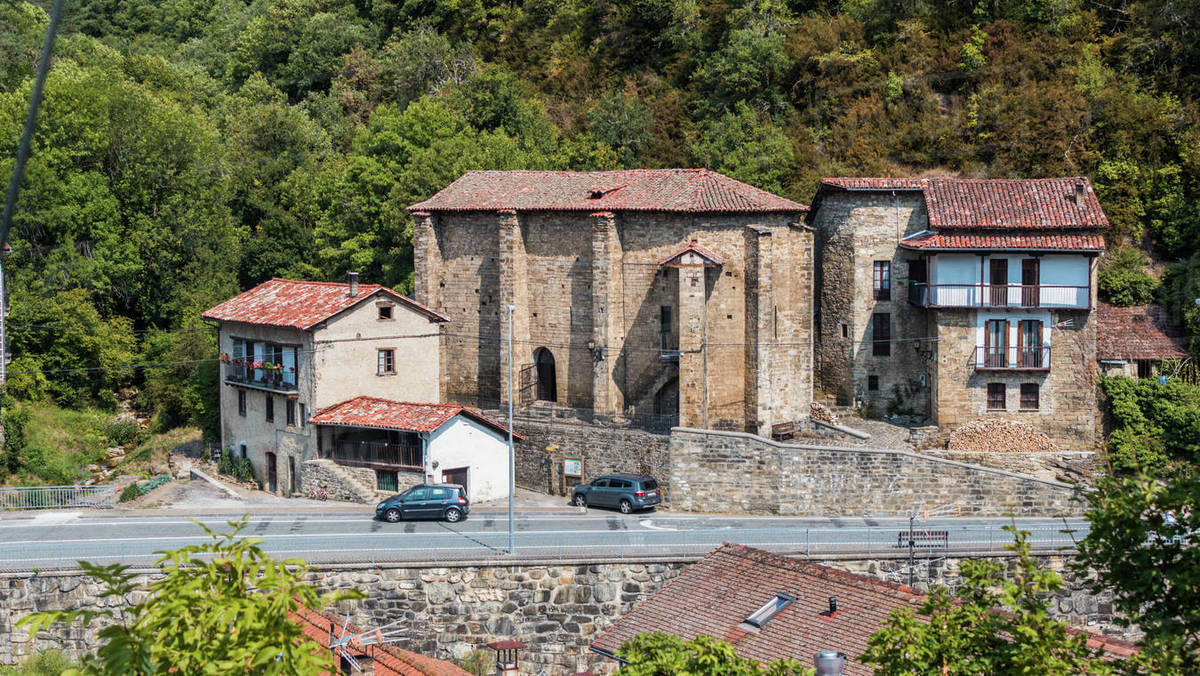 Aerial view of Urzainqui, town of Valle de Roncal, Navarra, Spain ...