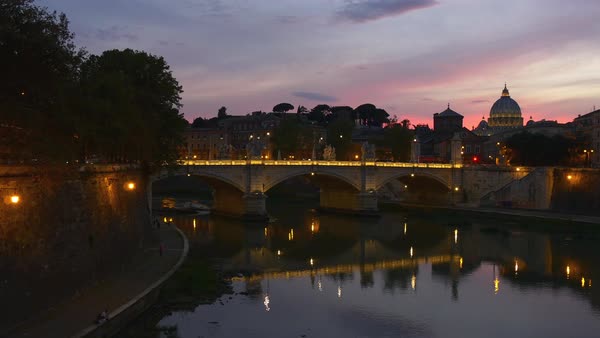 Rome City Night Illumination Sunset Light Vatican Famous River Panorama ...
