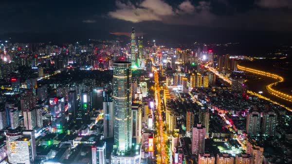 Night Illuminated Famous Shenzhen City Downtown Aerial Panorama ...