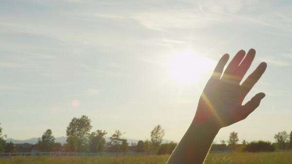 Slow motion close-up - Sun shining through fingers of a waving hand ...