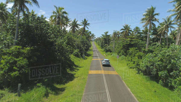 AERIAL: Lone car drives along narrow asphalt road surrounded by ...