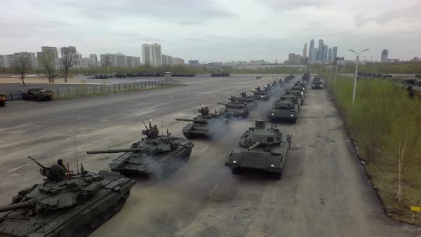 Aerial view of tank column setting off, Russia - 4K Royalty-free Stock ...