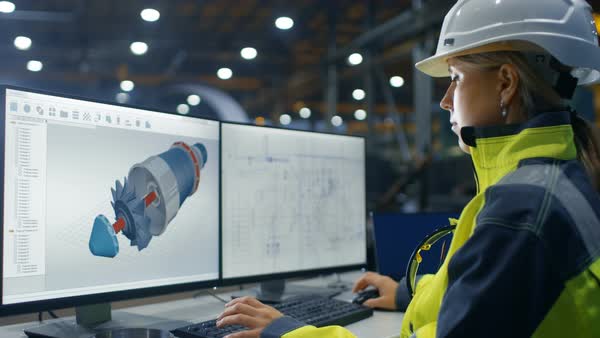 Inside the heavy industry factory female industrial engineer works on ...