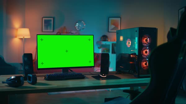Powerful Personal Computer Gamer Rig with Mock Up Green Screen Monitor ...