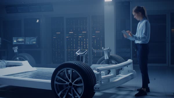 Automobile engineer working on electric car chassis platform, using ...
