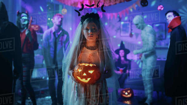 Halloween Costume Party: Little Girl in a Bloody White Bride Dress ...