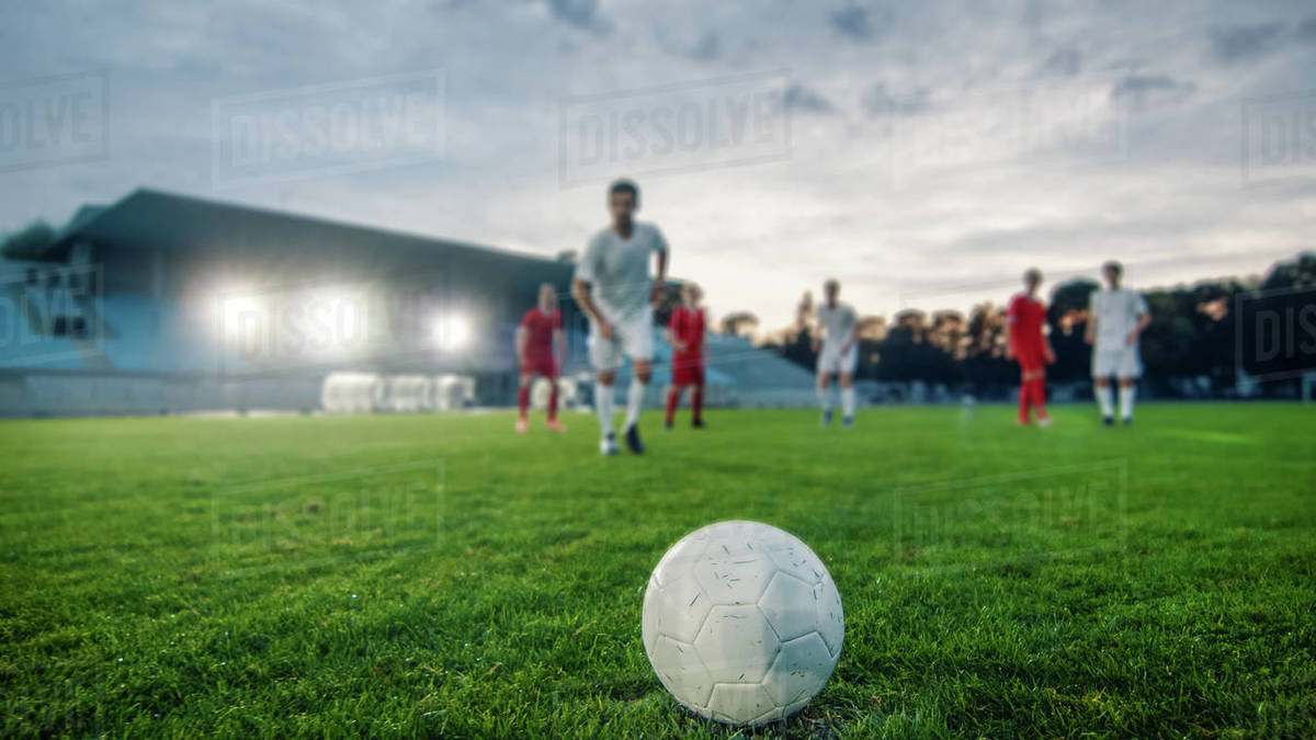 Shot of a Football Ball Lying on a Stadium Grass. Professional Soccer ...