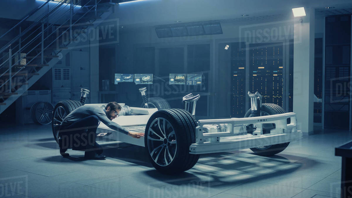 Automobile Engineer Working on Electric Car Platform Chassis Prototype ...