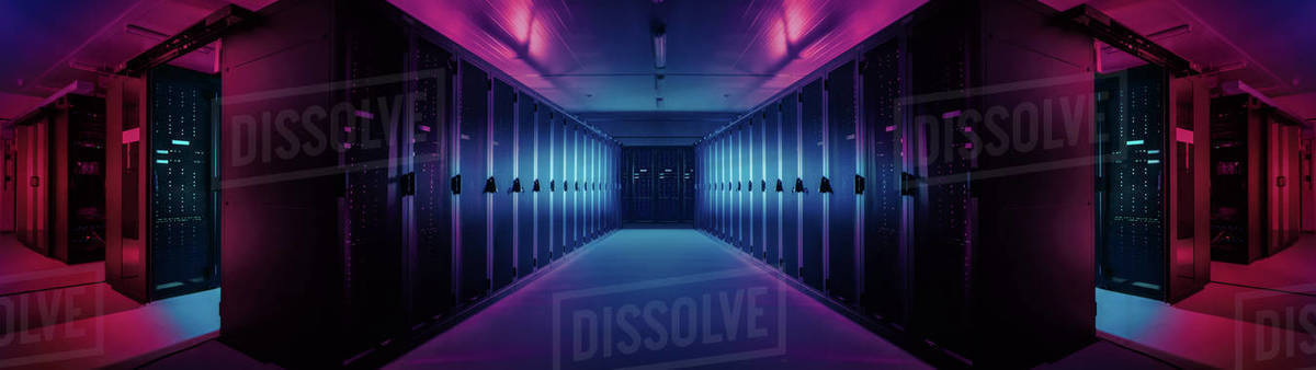 Wide-Angle Panorama Shot of a Working Data Center With Rows of Rack Servers. Red Emergency Led ...