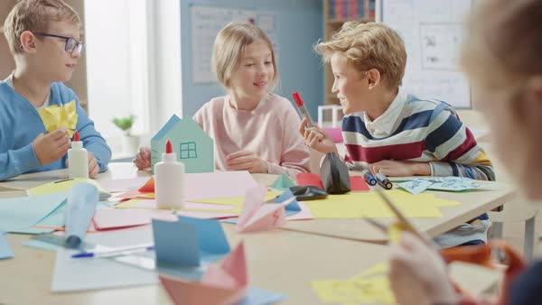 Elementary School Arts & Crafts Class: Diverse Group of Smart Children ...