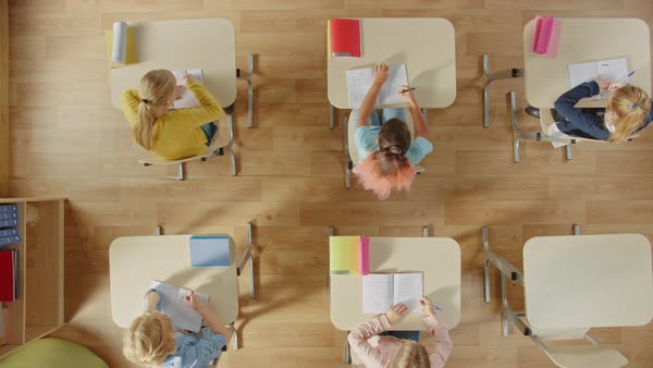 Elementary School Classroom: Children Sitting at their School Desk ...