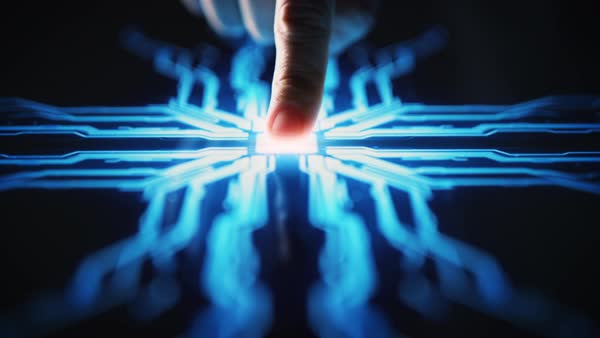 Digitalization Concept: Human Finger Turns on Touch Screen Button and ...