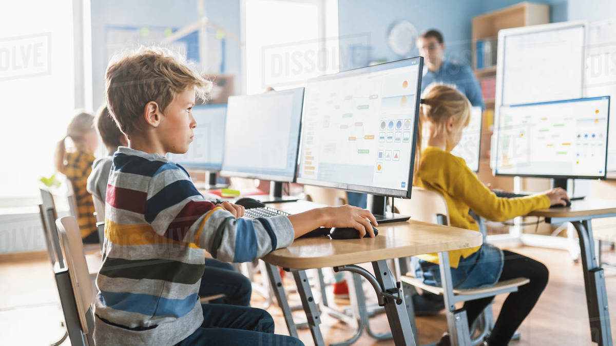 Elementary School Computer Science Classroom: Smart Little Schoolboy ...