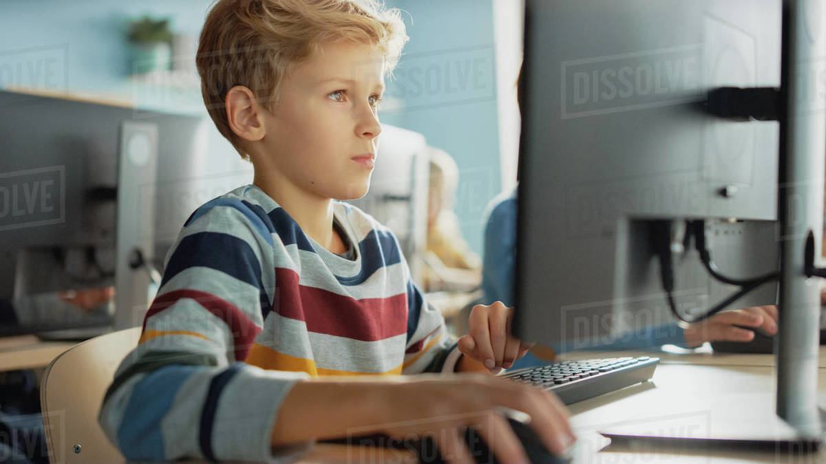 Elementary School Classroom: Smart Boy Uses Personal Computer, Learning ...
