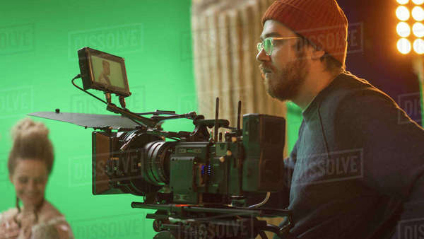 Portrait of Cameraman on Railway Trolley Shooting Green Screne Scene ...