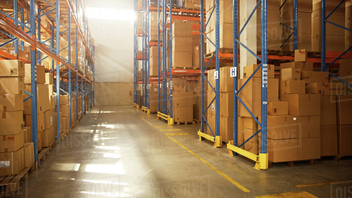 Gigantic Sunny Retail Warehouse full of Shelves with Goods in Cardboard ...
